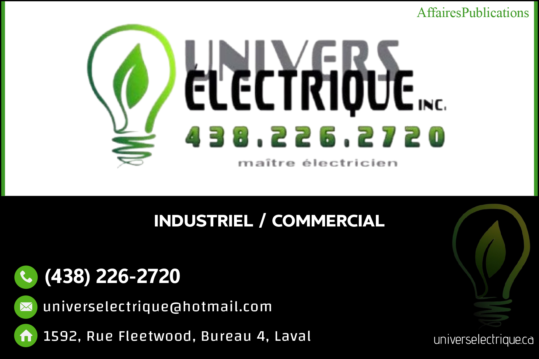 UNIVERS ÉLECTRIQUE INC - Affaires Publications