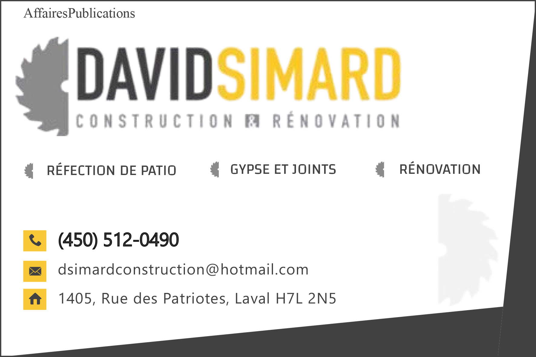 DAVID SIMARD CONSTRUCTION RÉNOVATION - Affaires Publications